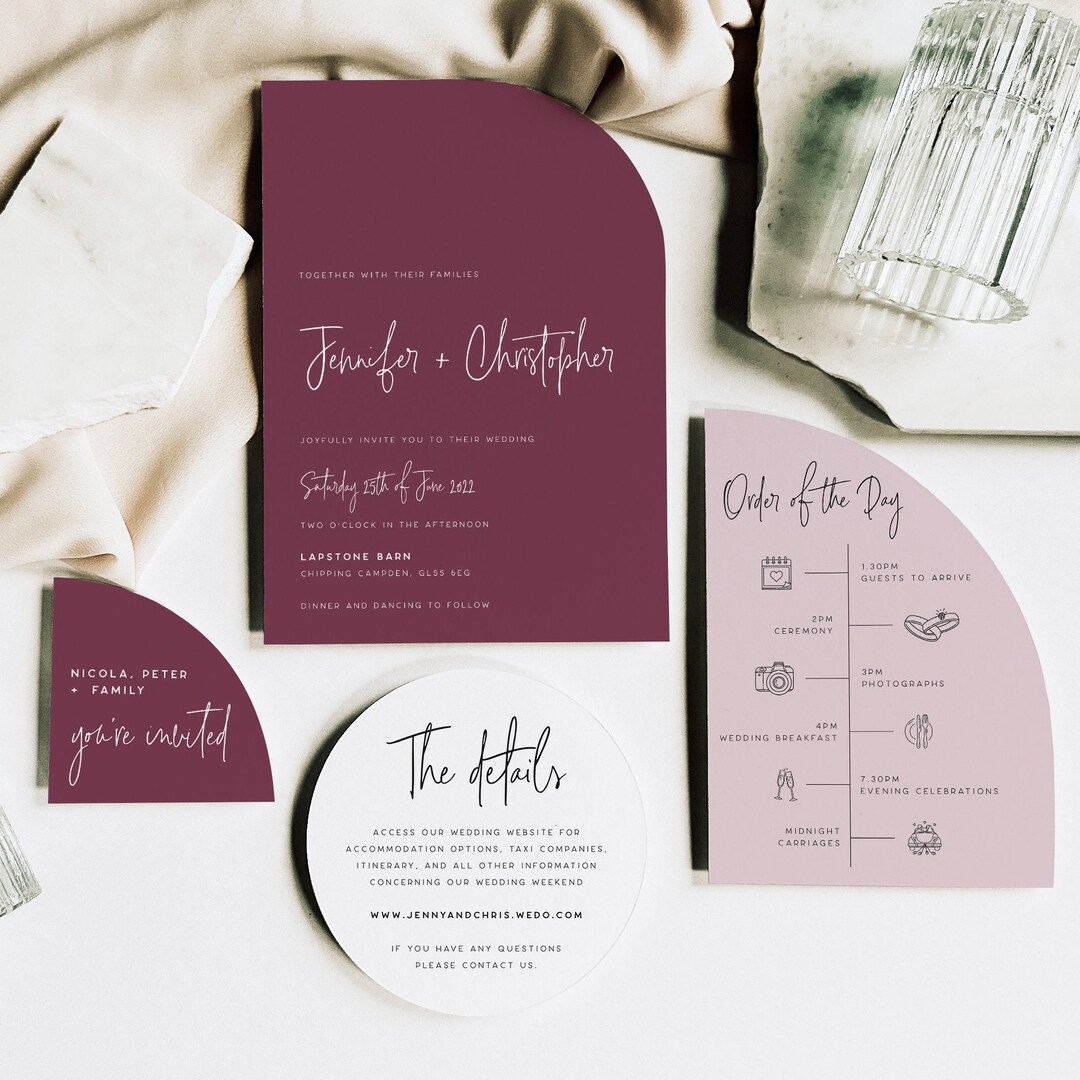 Die Cut Shaped Wedding Invitation Suite, Purple Invitation Bundle ...