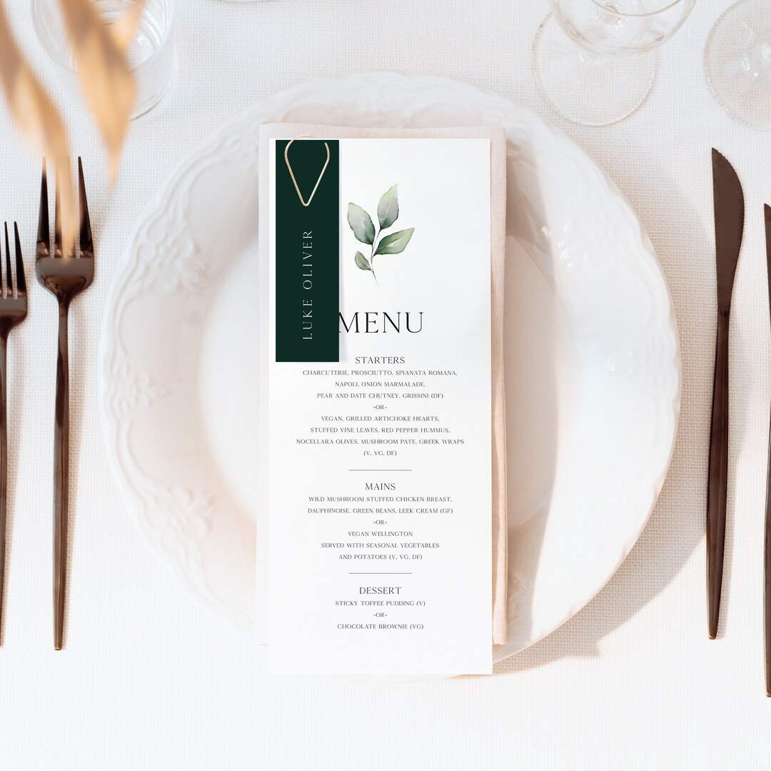 Eucalyptus Wedding Menu With Name Tag, Printed Wedding Menu Cards ...