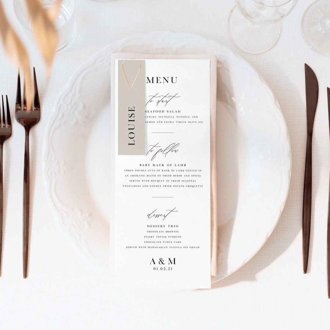 Classic Wedding Menu With Name Tag, Printed Wedding Menu Card ...