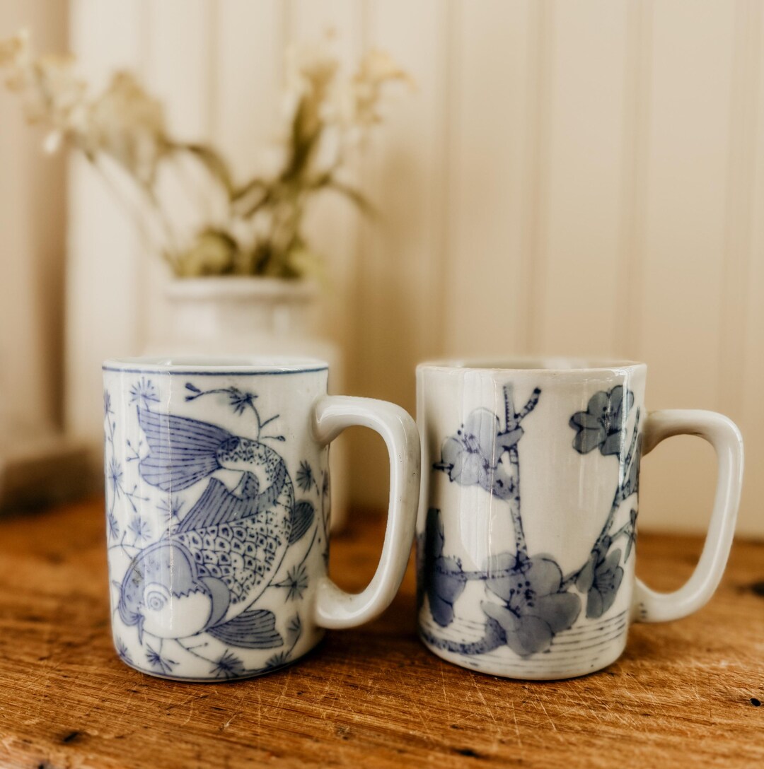 Vintage Japanese Koi Mugs- 2pc Blue and White Japanese Cherry Blossom ...