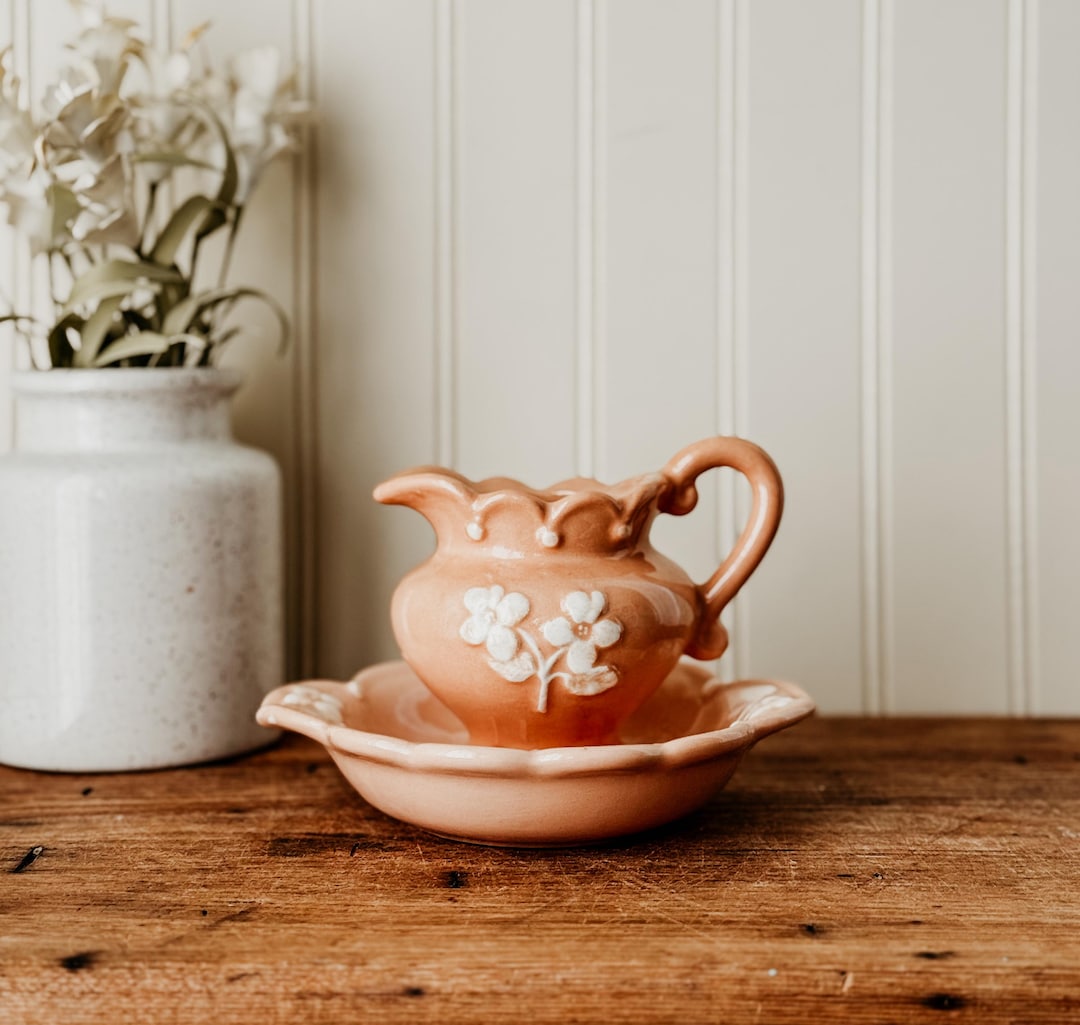 Vintage Peach Decanter and Basin Set - Hand-painted Weller Pottery USA ...