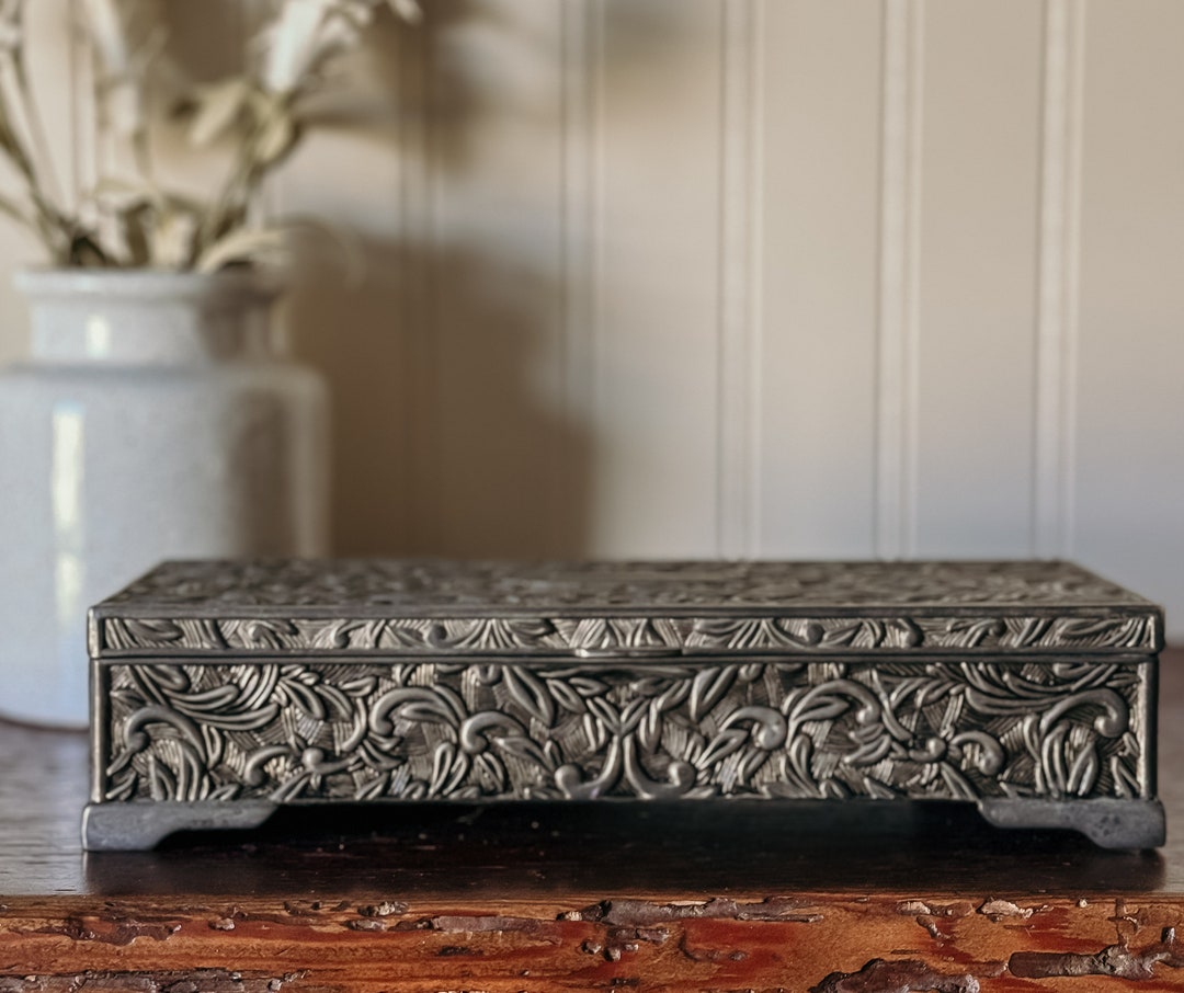 Vintage Godinger Jewelry Box - Silver Embossed Floral Filigree Shaped ...