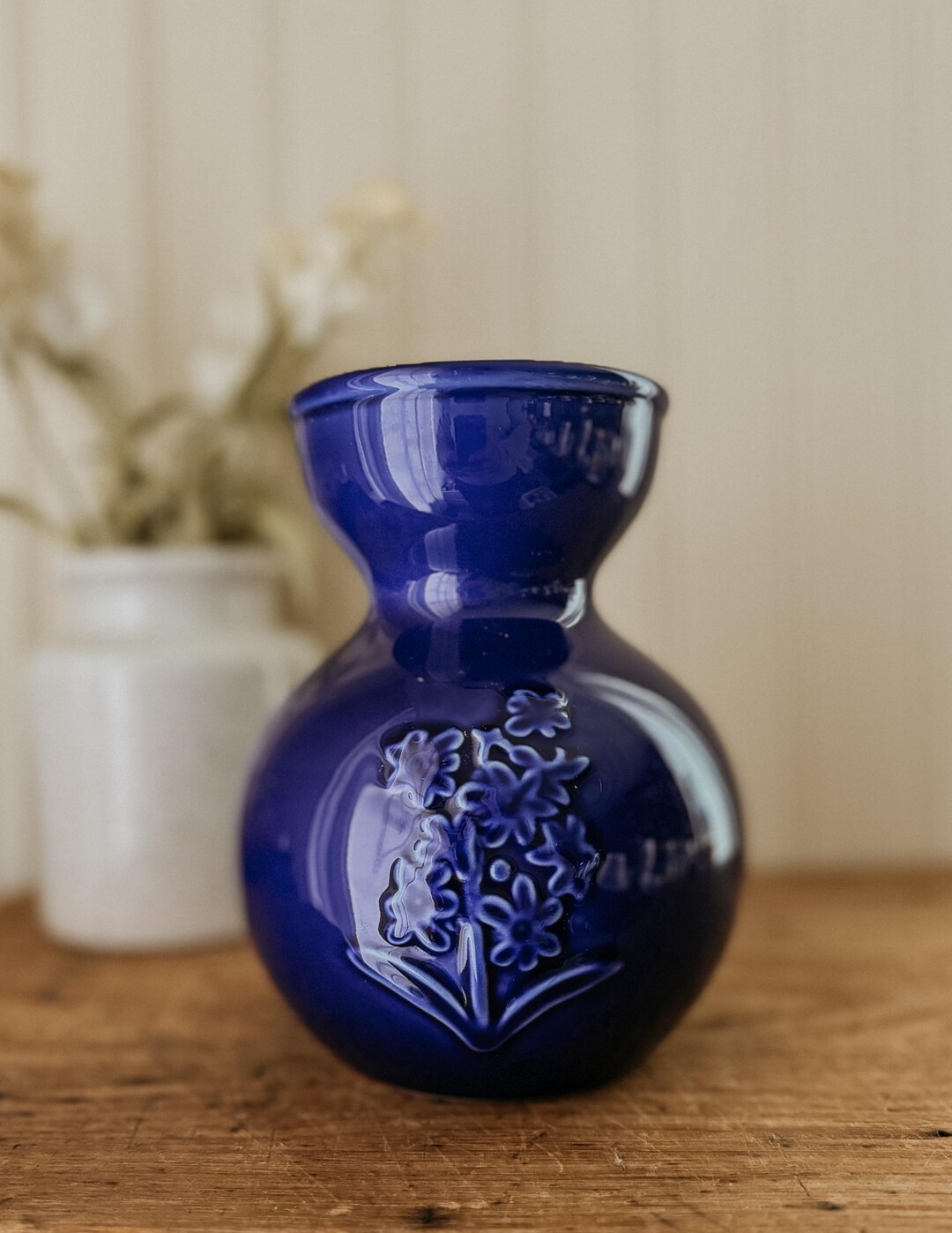 Vintage Ceramic Blue Floral Vase - Cobalt Blue Vase With Embossed Daisy ...
