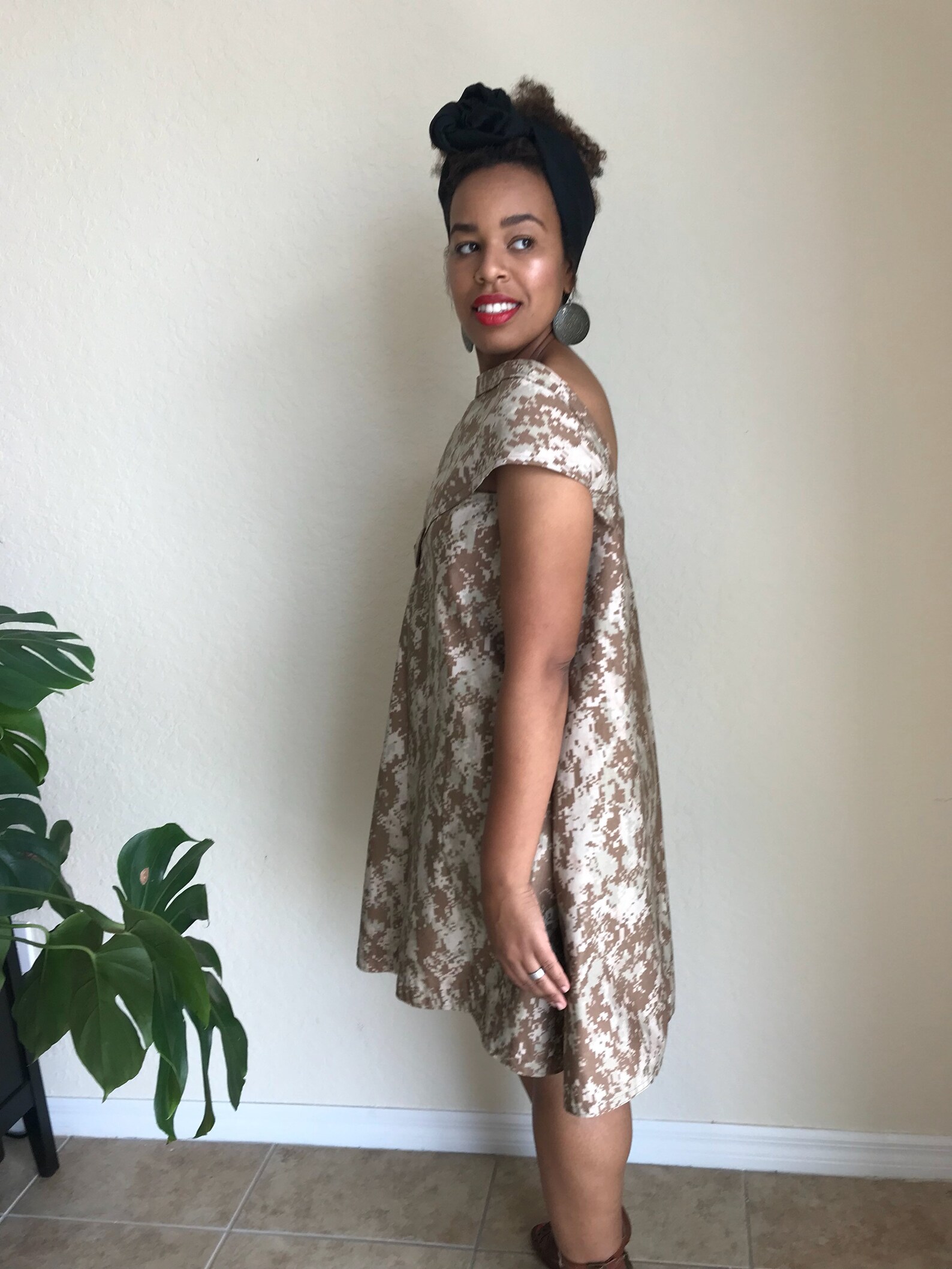 Oversized Army Fatigue Print Dress / Low Back and Boat Neck/ Boho Dress ...