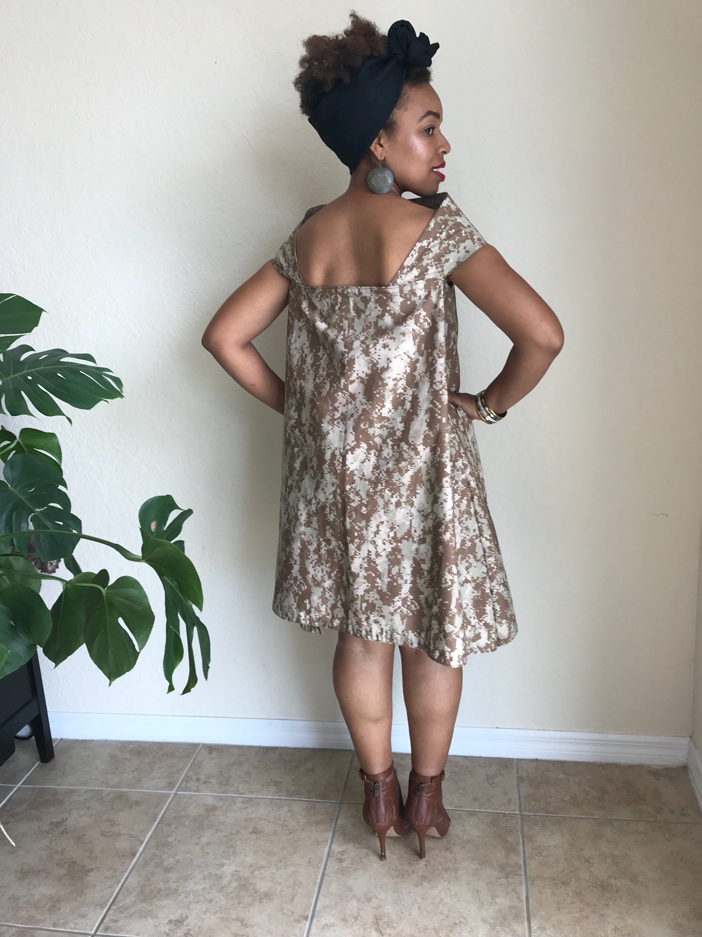 Oversized Army Fatigue Print Dress / Low Back and Boat Neck/ Boho Dress ...