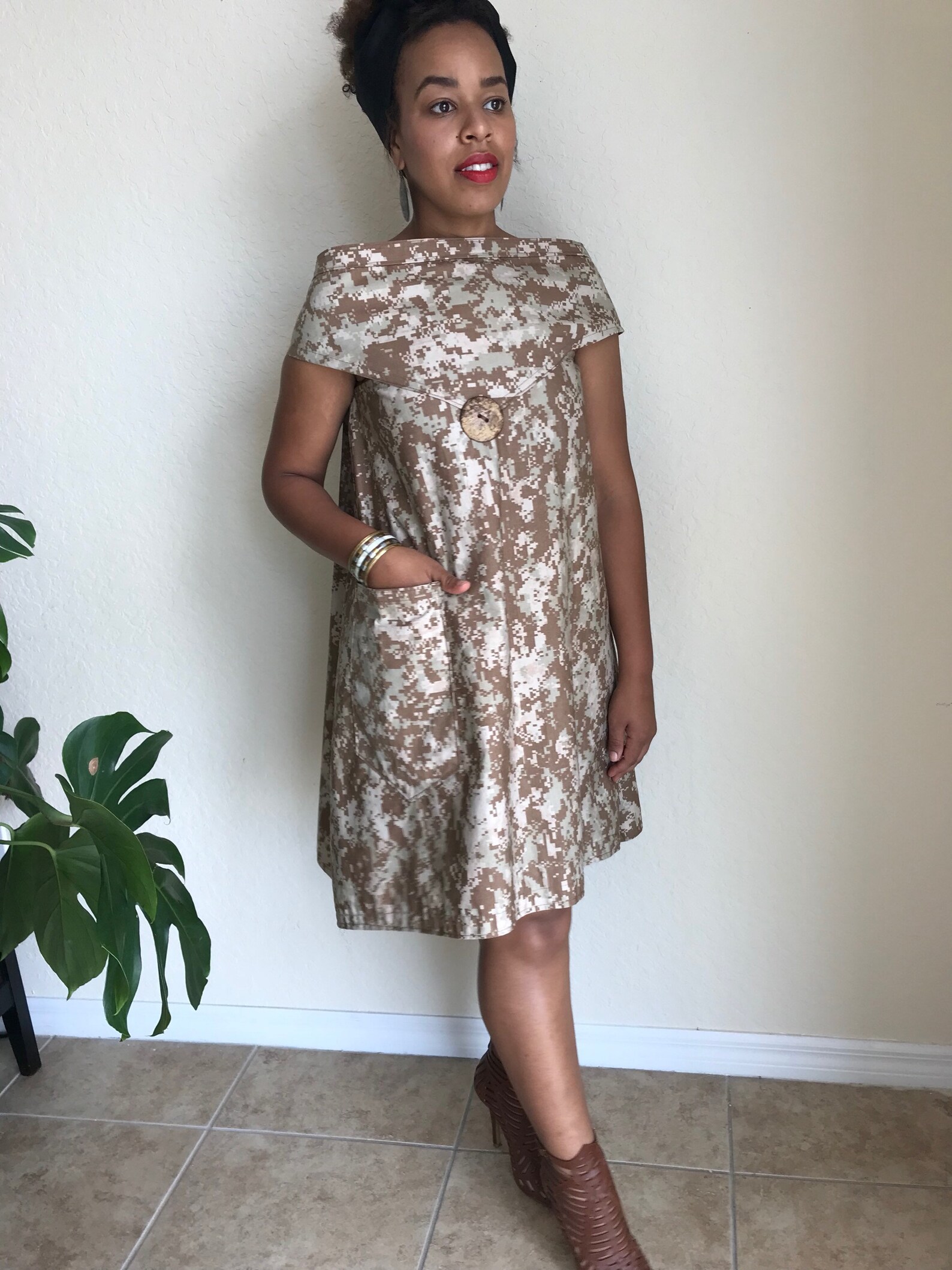 Oversized Army fatigue print dress / Low Back and boat neck/ | Etsy