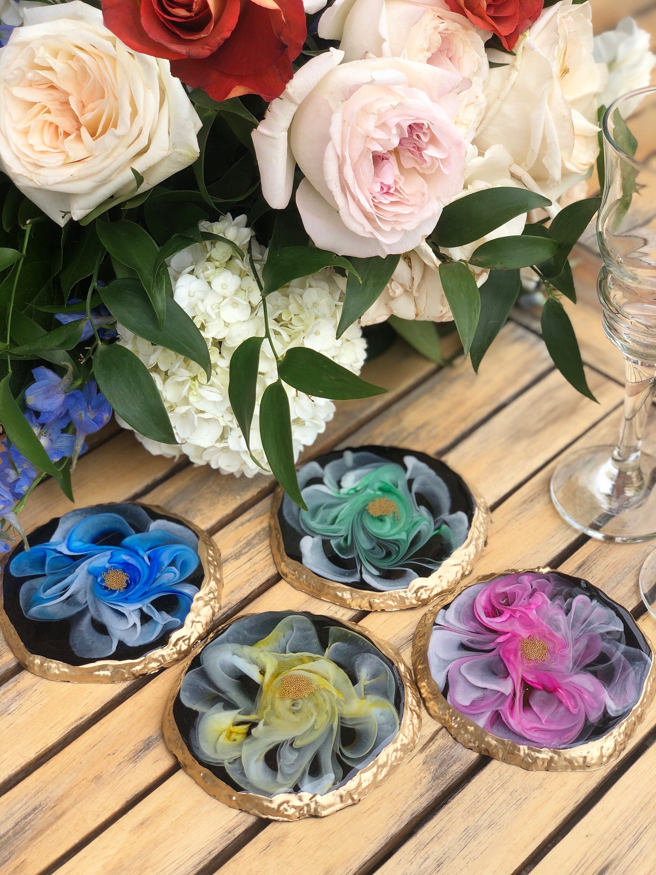Coaster Set.table Decor.gift Set.flower Design Coaster Set.bridal ...