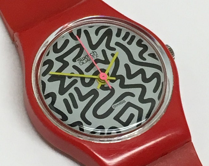 Vintage Ladies Swatch Watch Squiggly LR104 1984 Red Grey Black Retro ...