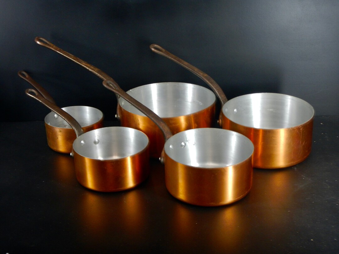 Complete Set of Five Well Loved Copper, Aluminium Lined Saucepans With ...