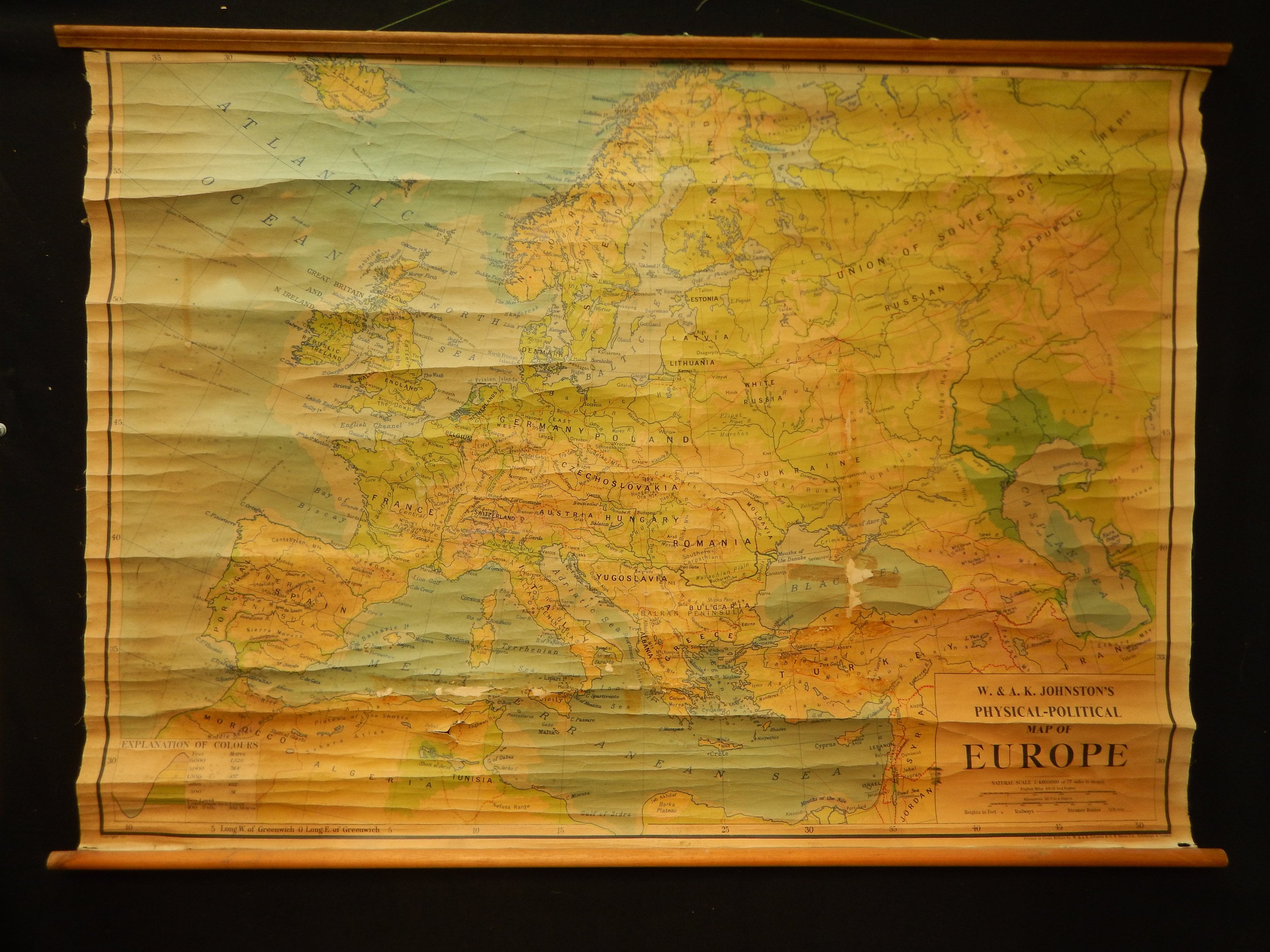 English 1955 Drop Down Map of Europe - 1950s Teaching Aid or Interior ...