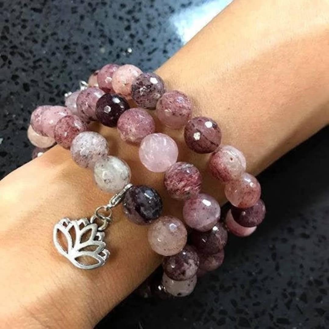 Muscovite Gemstone and Lotus Flower Bracelet/ Pink/ Burgundy/ Muscovite ...