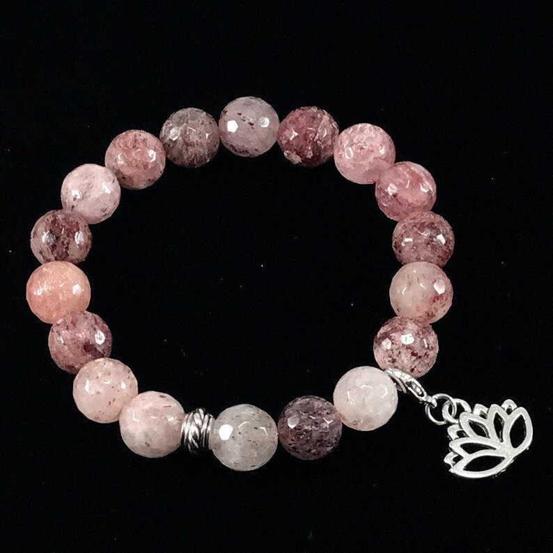 Muscovite Gemstone and Lotus Flower Bracelet/ Pink/ Burgundy/ Muscovite ...