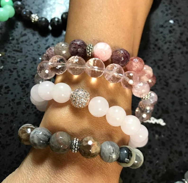 Muscovite Gemstone and Lotus Flower Bracelet/ Pink/ Burgundy/ Muscovite ...