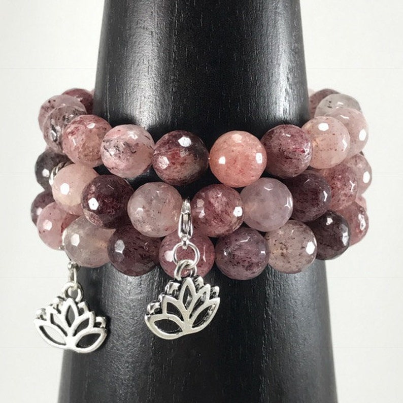 Muscovite Gemstone and Lotus Flower Bracelet/ Pink/ Burgundy/ Muscovite ...