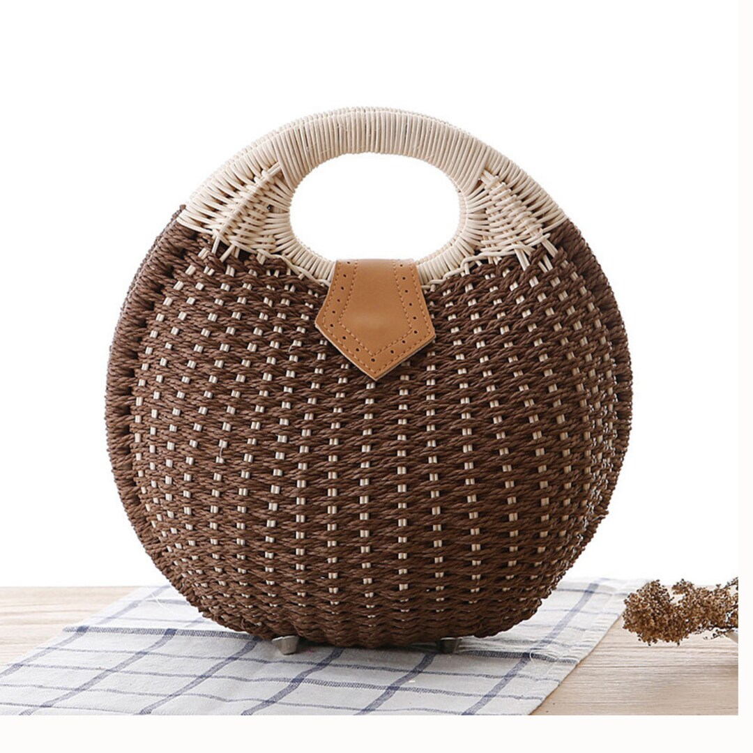 Women's Natural Rattan Handwoven Round Shell Handbag, Top-handle Bag ...