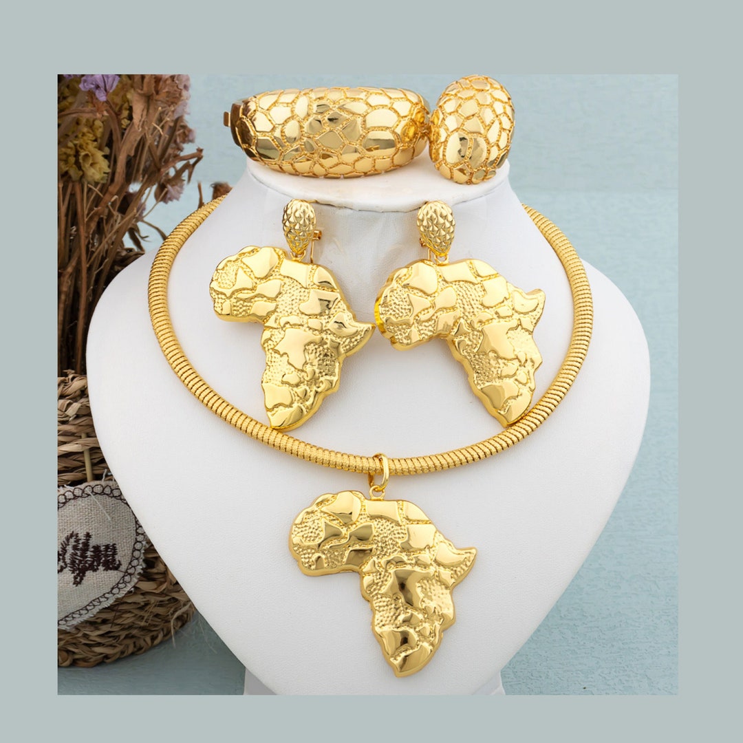 African Gold Color Jewelry Set for Women, Large Earrings, Luxury ...