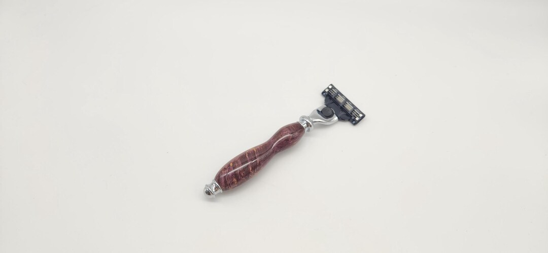 Handcrafted Wood Razor Handle and Stand, Dyed Box Elder Burl, Shaving ...