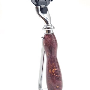 Handcrafted Wood Razor Handle and Stand, Dyed Box Elder Burl, Shaving ...