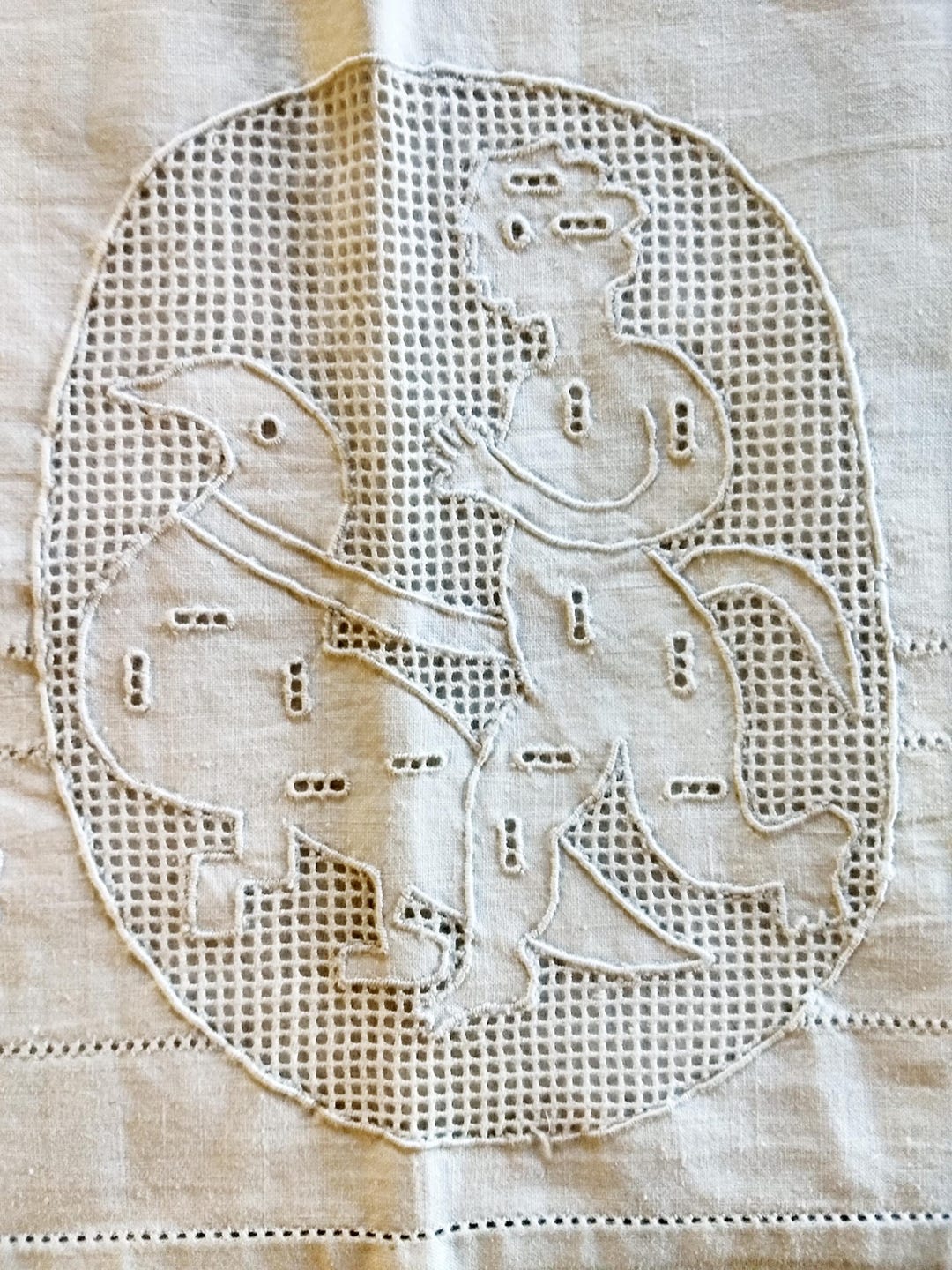1900 Linen Bolster Sham Sheet Return Drawnwork Flowers Goose Figural ...