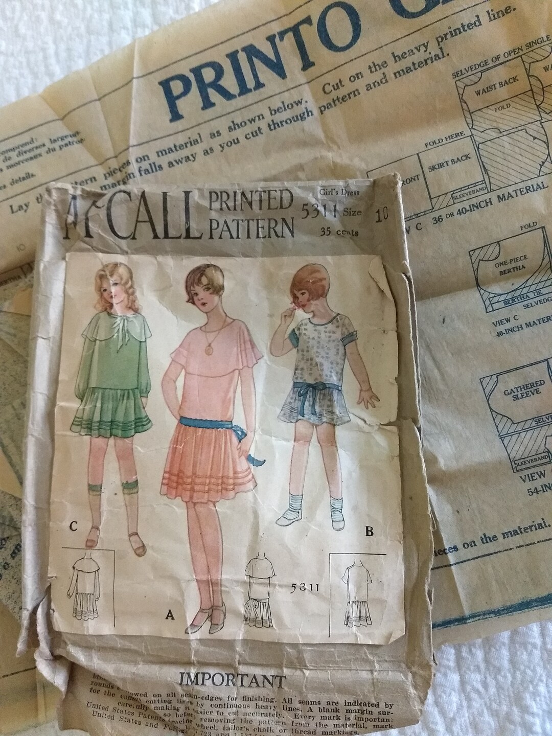 1920 Mccall 5311 Vintage Girls Party Dress Pattern Size 10 Bertha ...