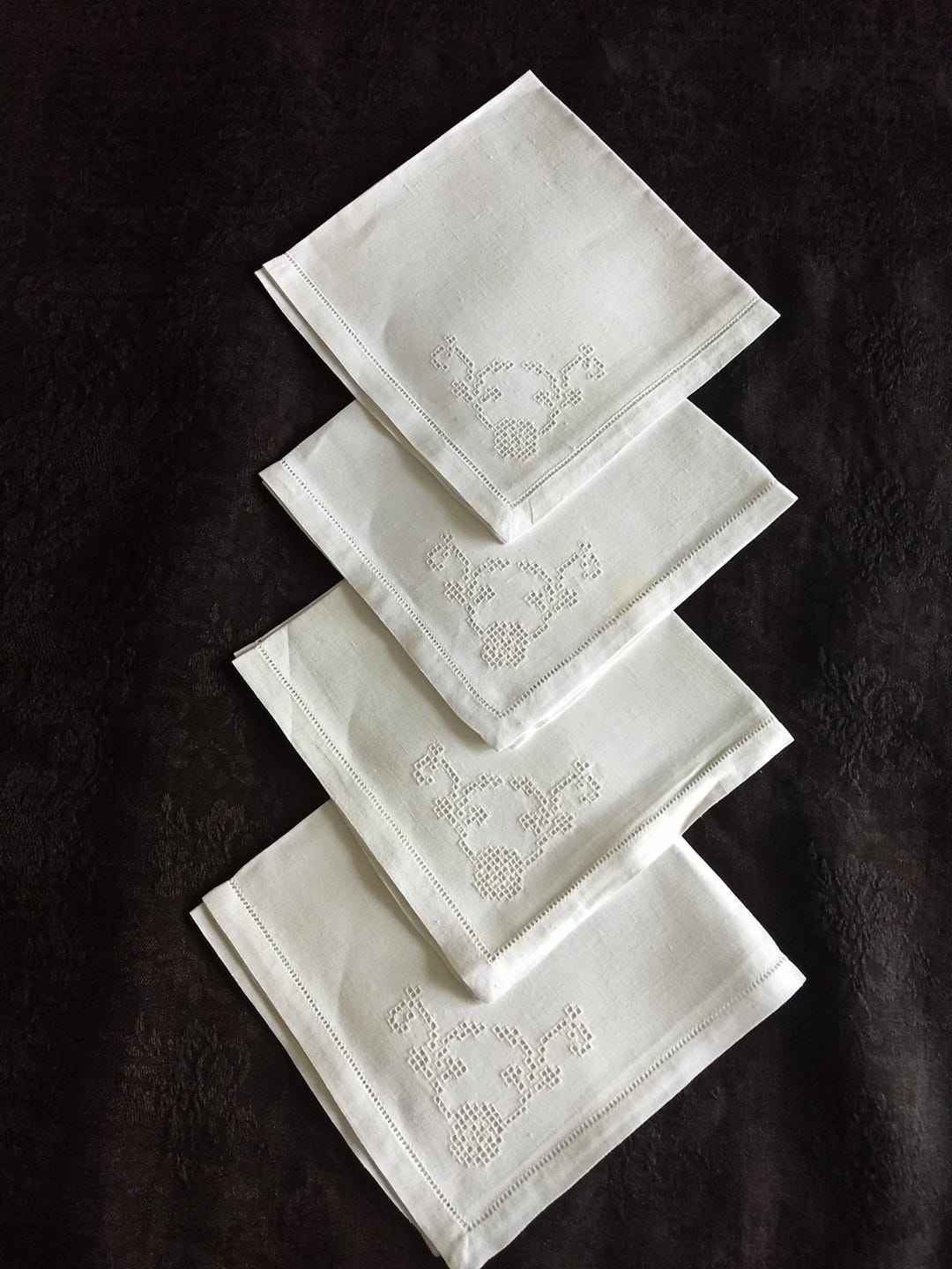 Vintage 4 Napkins Linen Mosaic Embroidery Hemstitching 1920s 1930s - Etsy