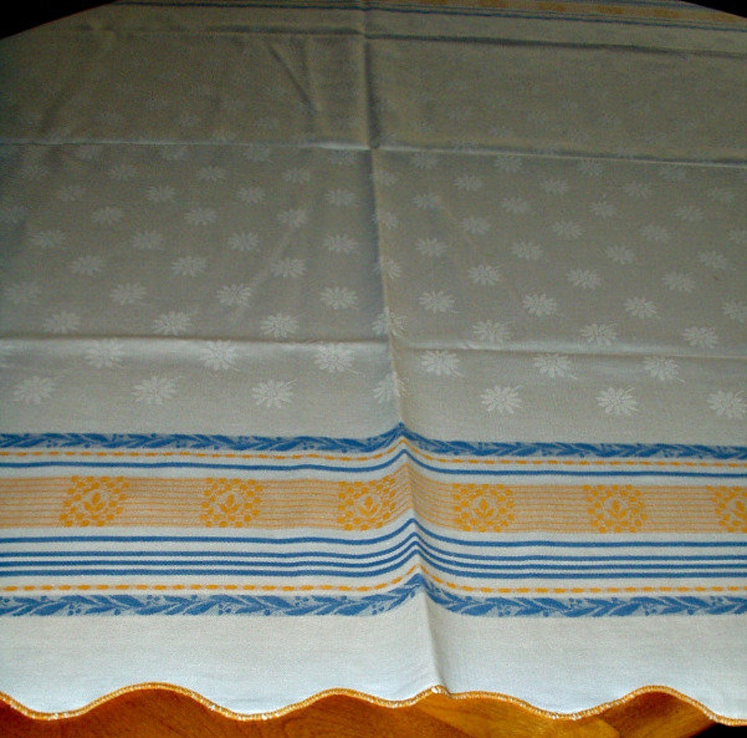 Vintage Czech Tablecloth White Damask Yellow Blue Stripe Border Vintage ...