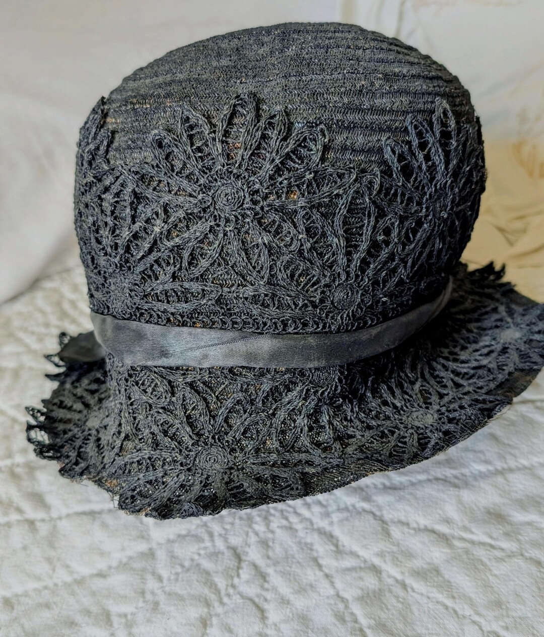 Antique 1920s Black Horsehair Cloche Hat Art Deco Flapper, Satin Bow ...