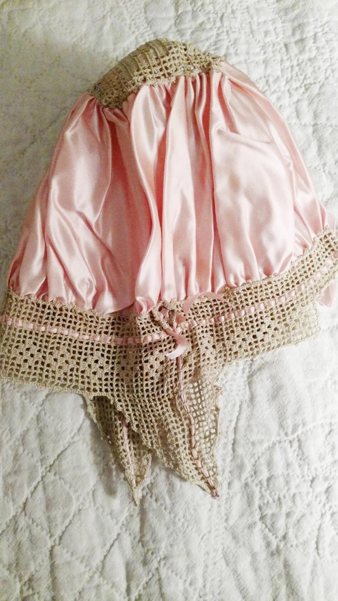 Silk Satin Ribbon Bed Bonnet Vintage Pink Lingerie Crochet Trim Flapper ...