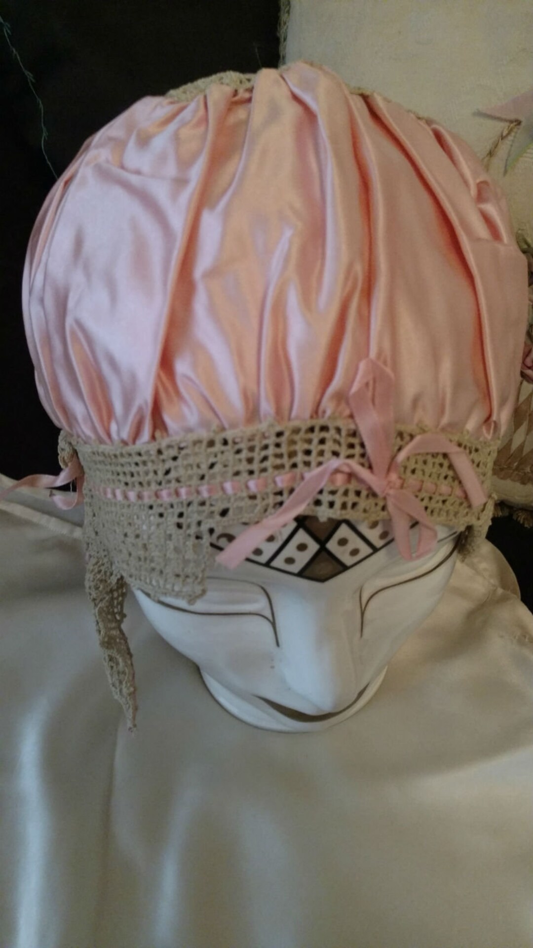 Silk Satin Ribbon Bed Bonnet Vintage Pink Lingerie Crochet Trim Flapper ...