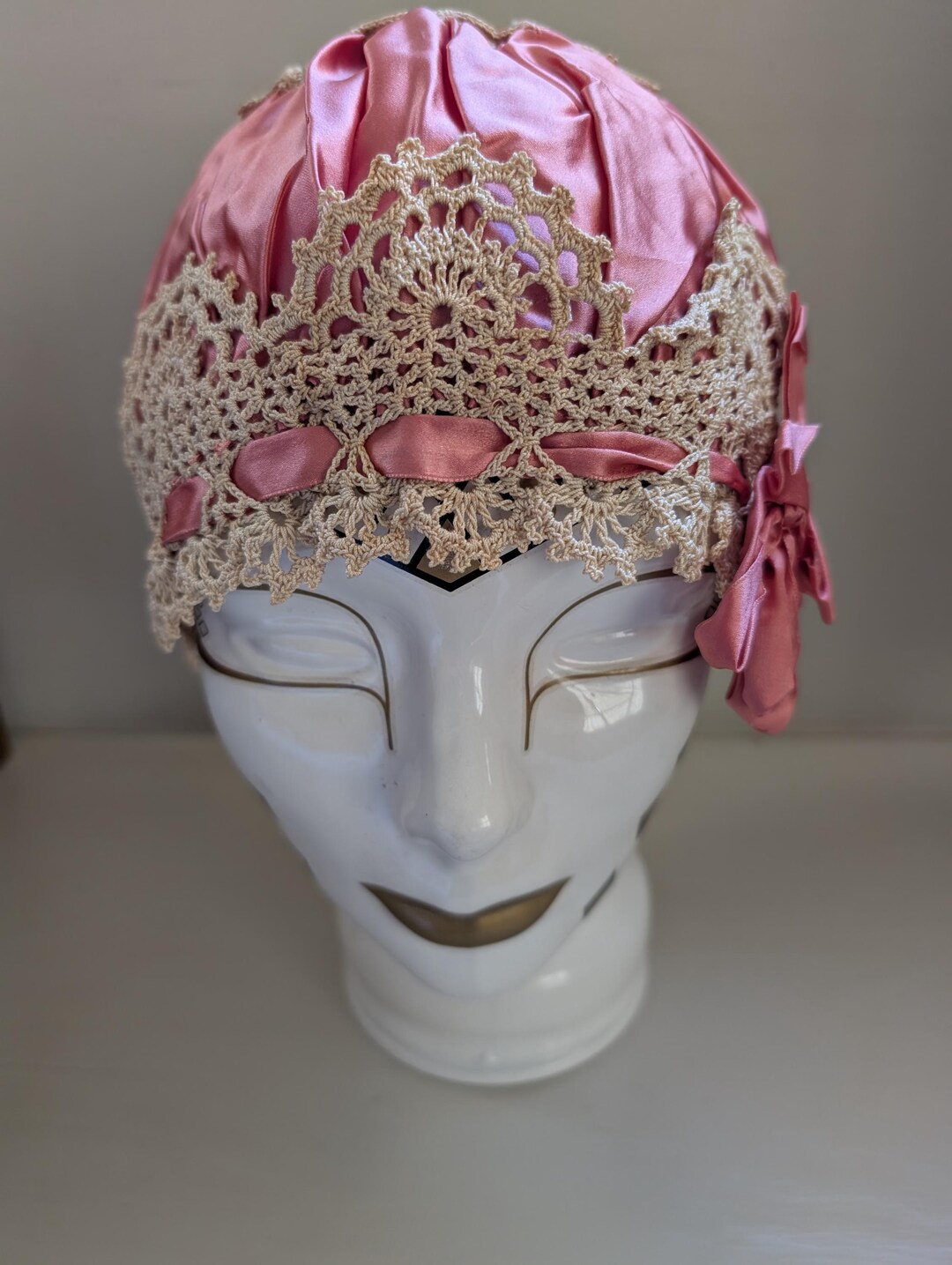 Roaring 20s Crochet Satin Bed Bonnet Pink Lingerie Cap Flapper - Etsy