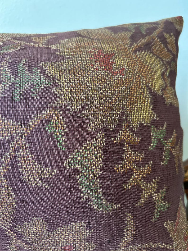 Vintage Kimono Lumbar Pillow Cover - Plum Floral Tsumugi Silk, Linen ...