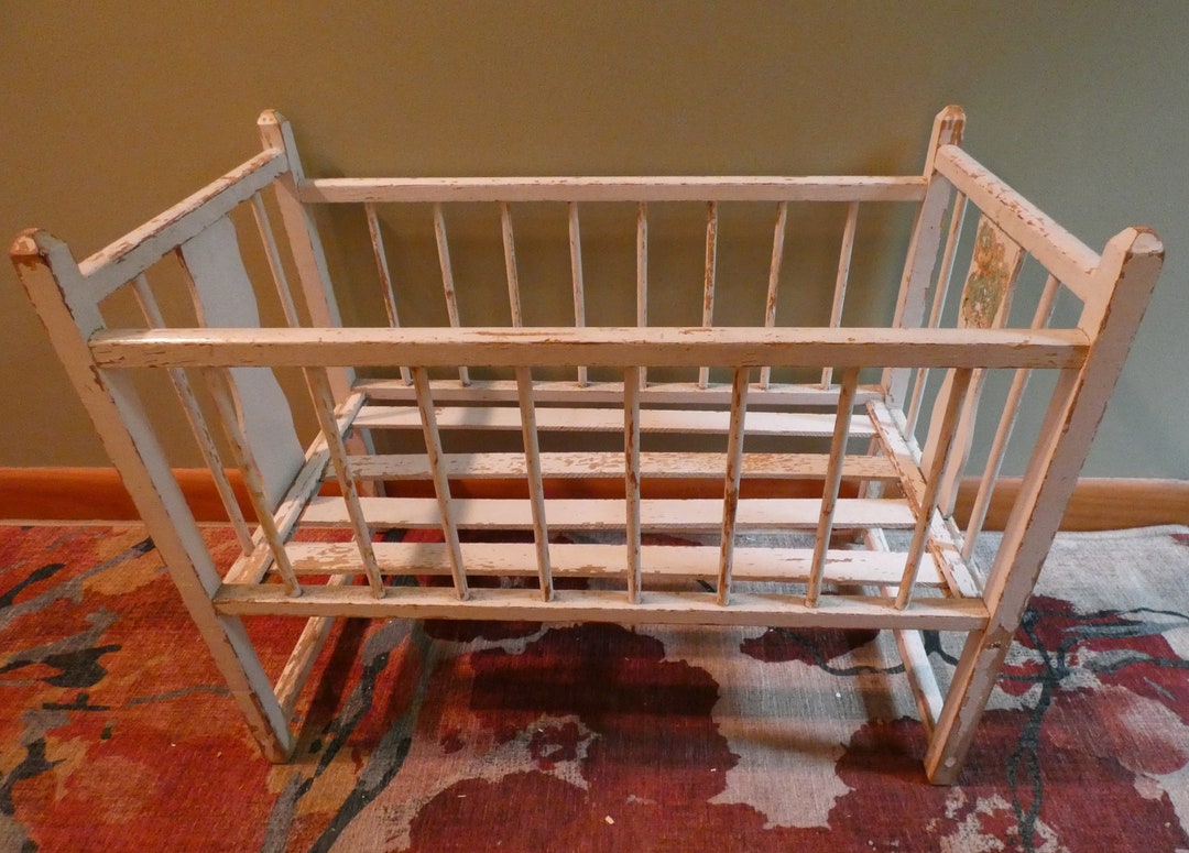 Doll Crib, Wooden, Painted, Distressed, White, Chipped Paint, Peeling ...