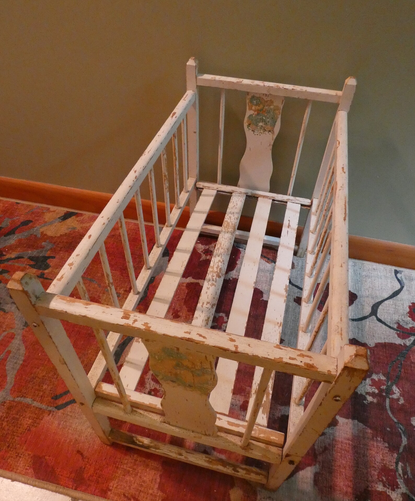 Doll Crib, Wooden, Painted, Distressed, White, Chipped Paint, Peeling ...