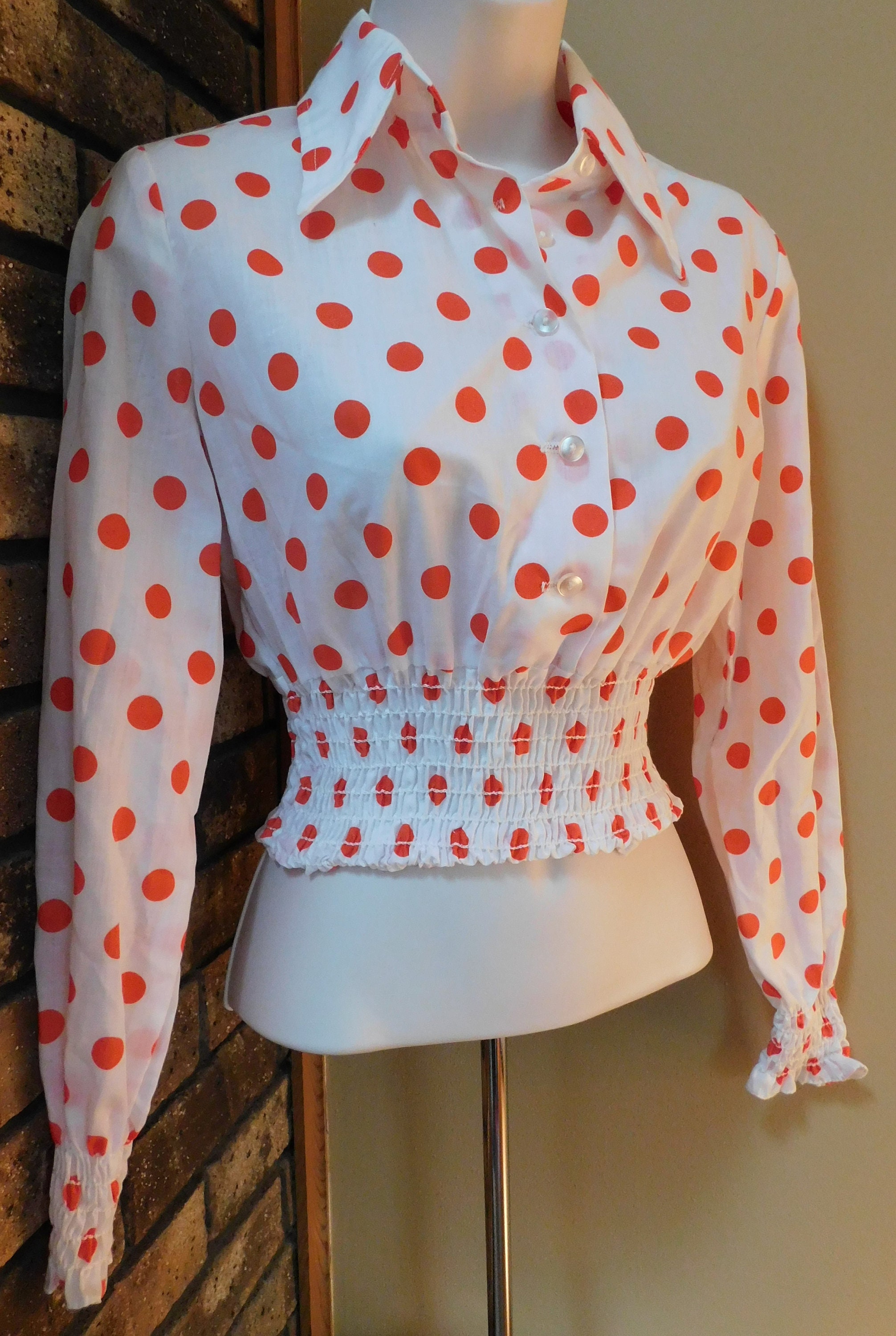 70s Crop Top With Smocked Waist Red Polka Dots Buttoned - Etsy