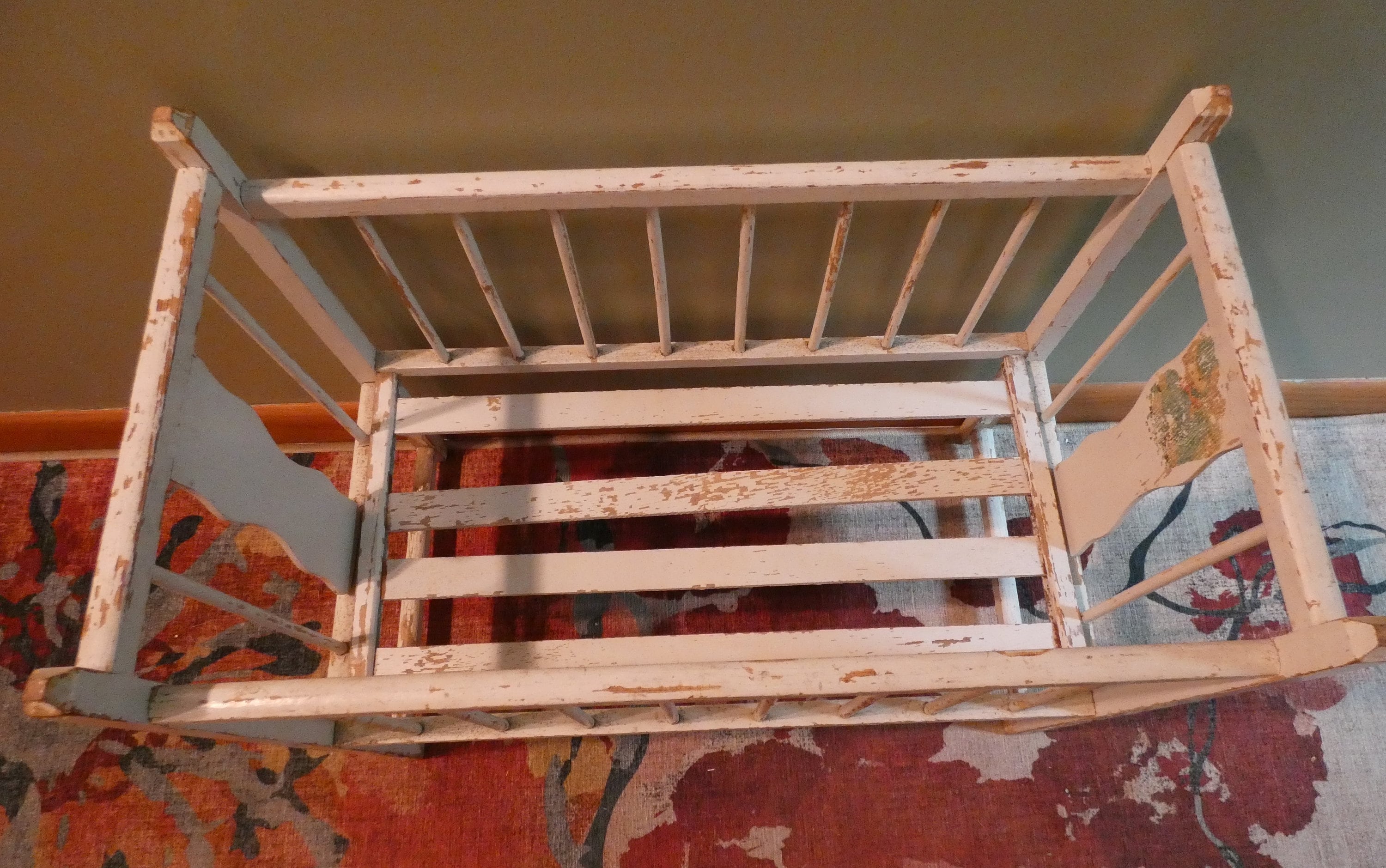 Doll Crib, Wooden, Painted, Distressed, White, Chipped Paint, Peeling ...