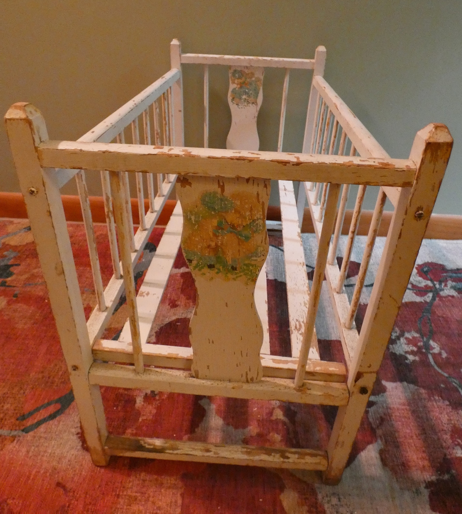 Doll Crib, Wooden, Painted, Distressed, White, Chipped Paint, Peeling ...
