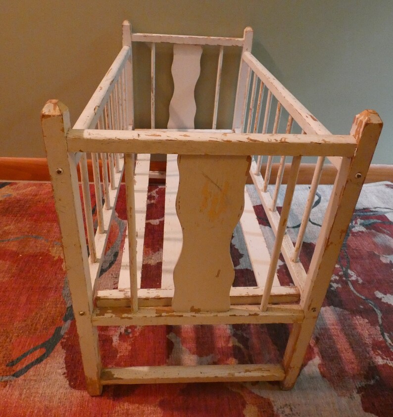Doll Crib, Wooden, Painted, Distressed, White, Chipped Paint, Peeling ...
