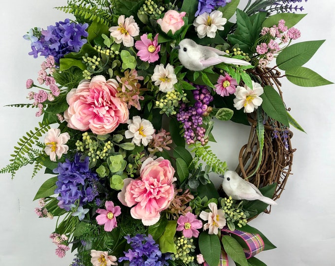 Spring Wreath, Front Door Wreath for Spring and Summer, Pink Blossom ...