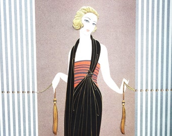 Erte Matted Print 1991 BALCONY Lady in CHECKERED Opera Cloak Dress ...