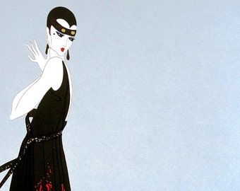 Erte Matted Print 1991 BALCONY Lady in CHECKERED Opera Cloak Dress ...