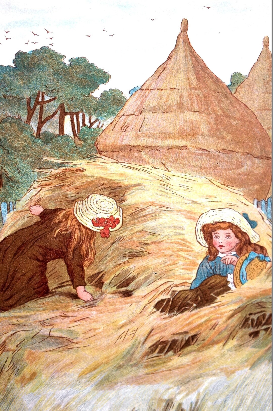 Two Victorian FARM GIRLS Playing in HAYSTACK Hay Stack - 1890 ...