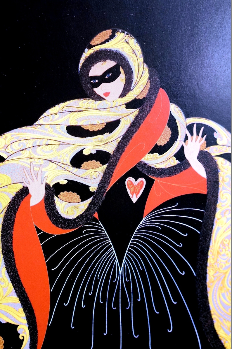Erte Print 1987 MASQUERADE GOWN MASKED Lady Heart Dress Cape ...