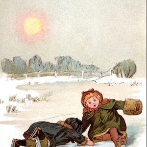 Two Little Victorian GIRLS ICE SKATING Skates Falling on Ice 1890 ...