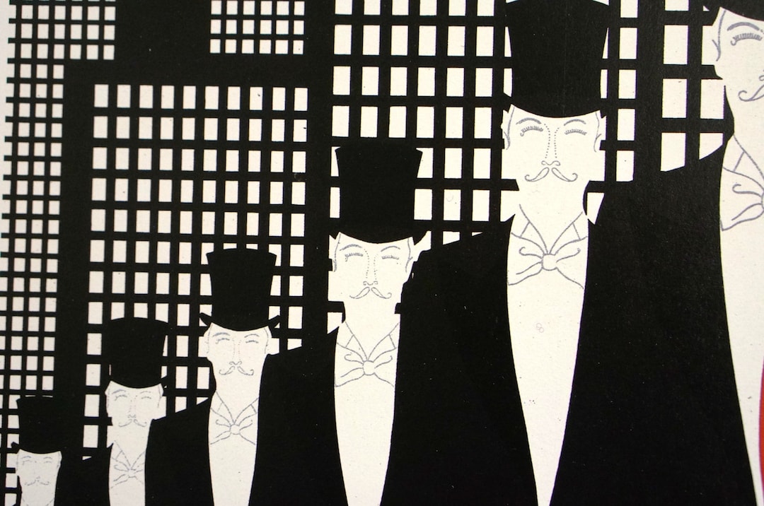 Erte Classic 1982 - Men in TOP HATS With Sophisticated Lady in FUR Coat ...