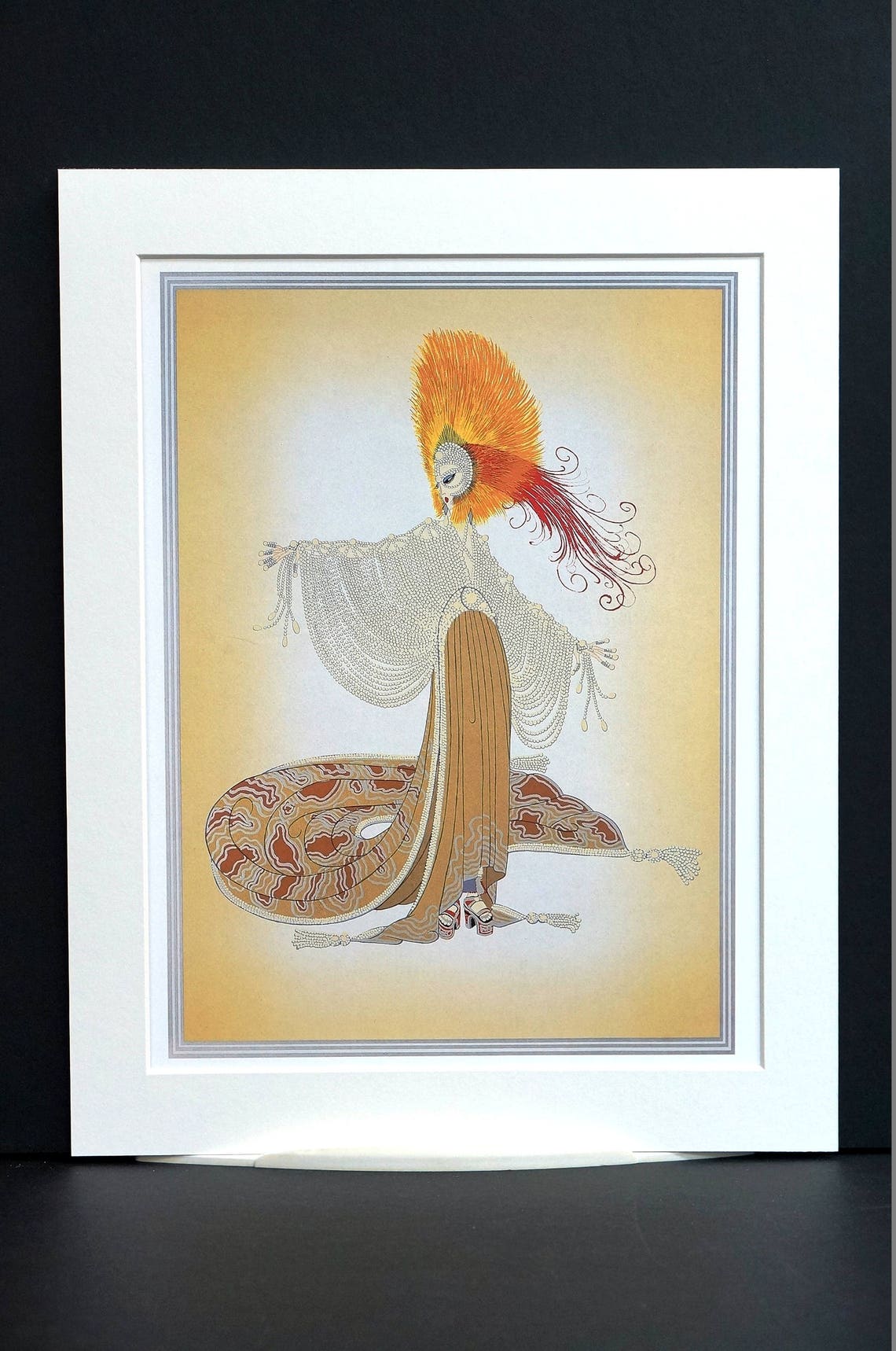 Erte Matted Print 1987 L'ORIENTAL Persian Beauty in ORANGE Feather MASK ...