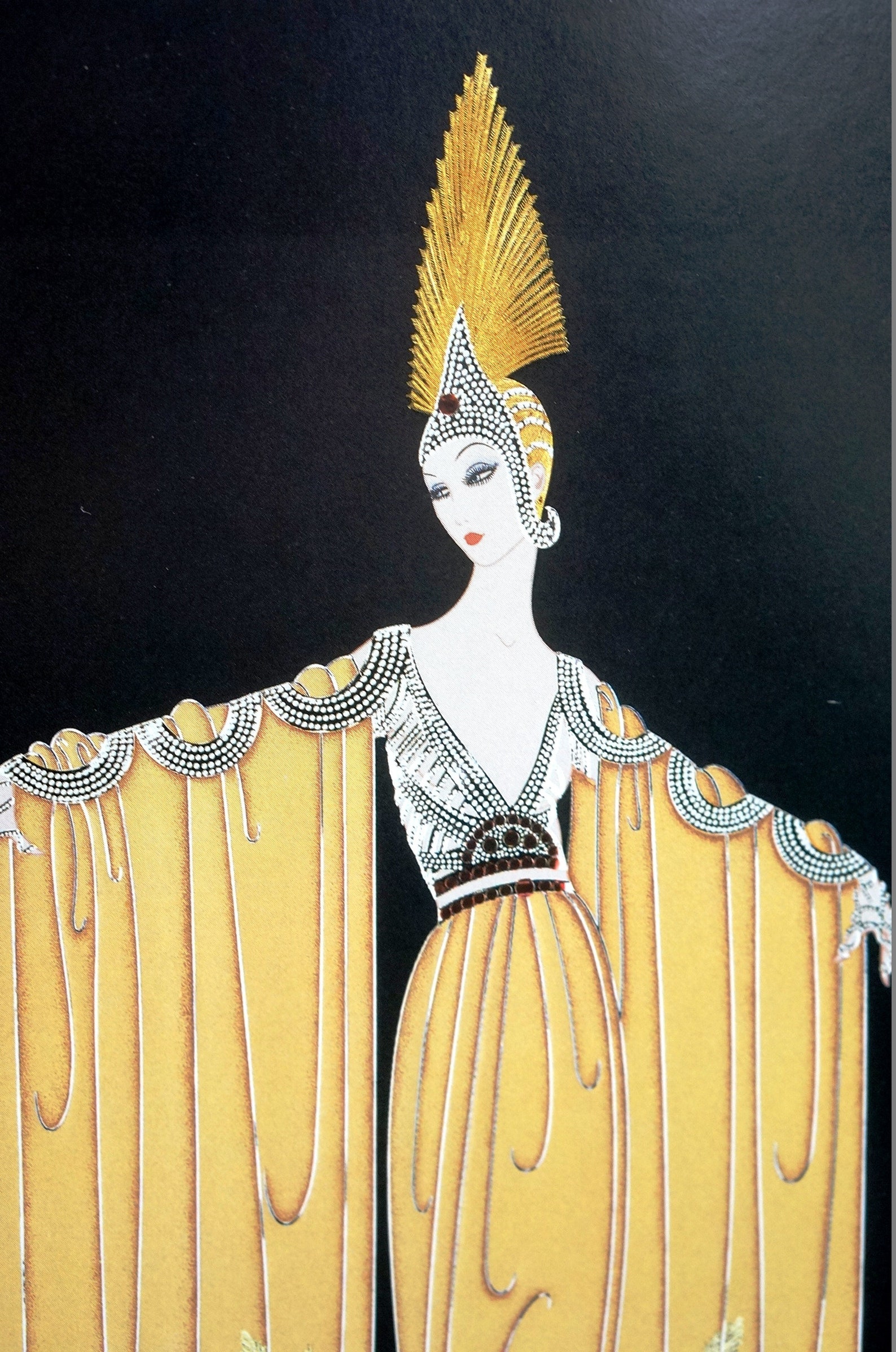 Erte Matted Print 1991 ORIENTAL GOWN W YELLOW Gold Flowers Feathers ...
