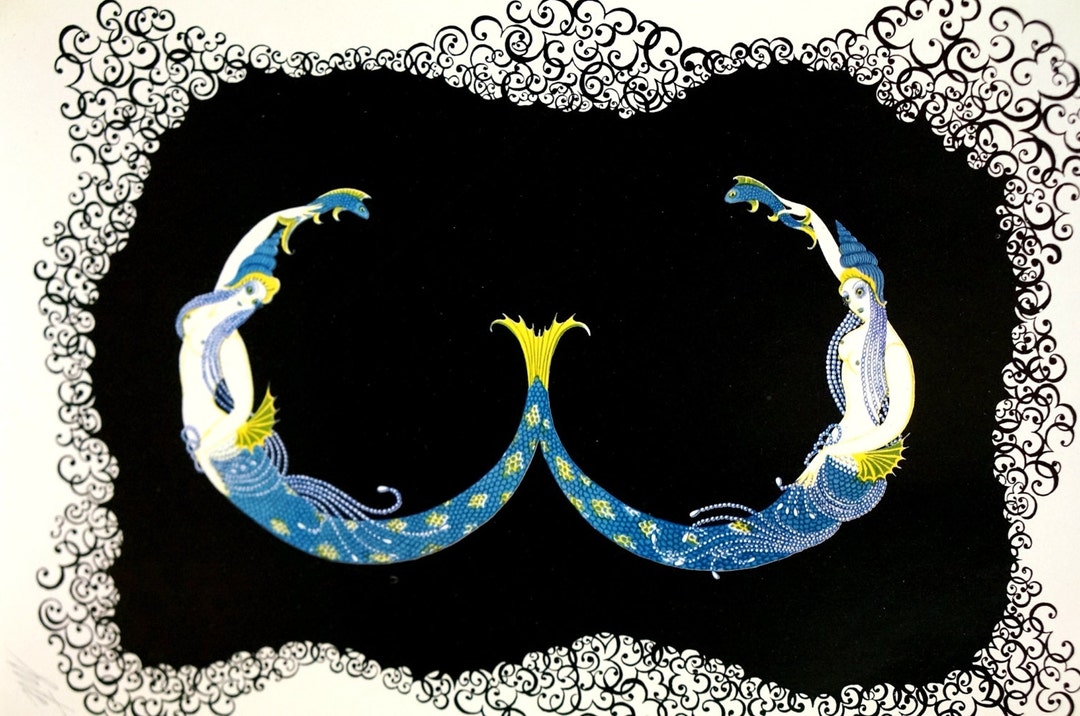Erte 1972 - Numbers Series - 3 - TWIN MERMAIDS With JEWELS Pearls Fish ...