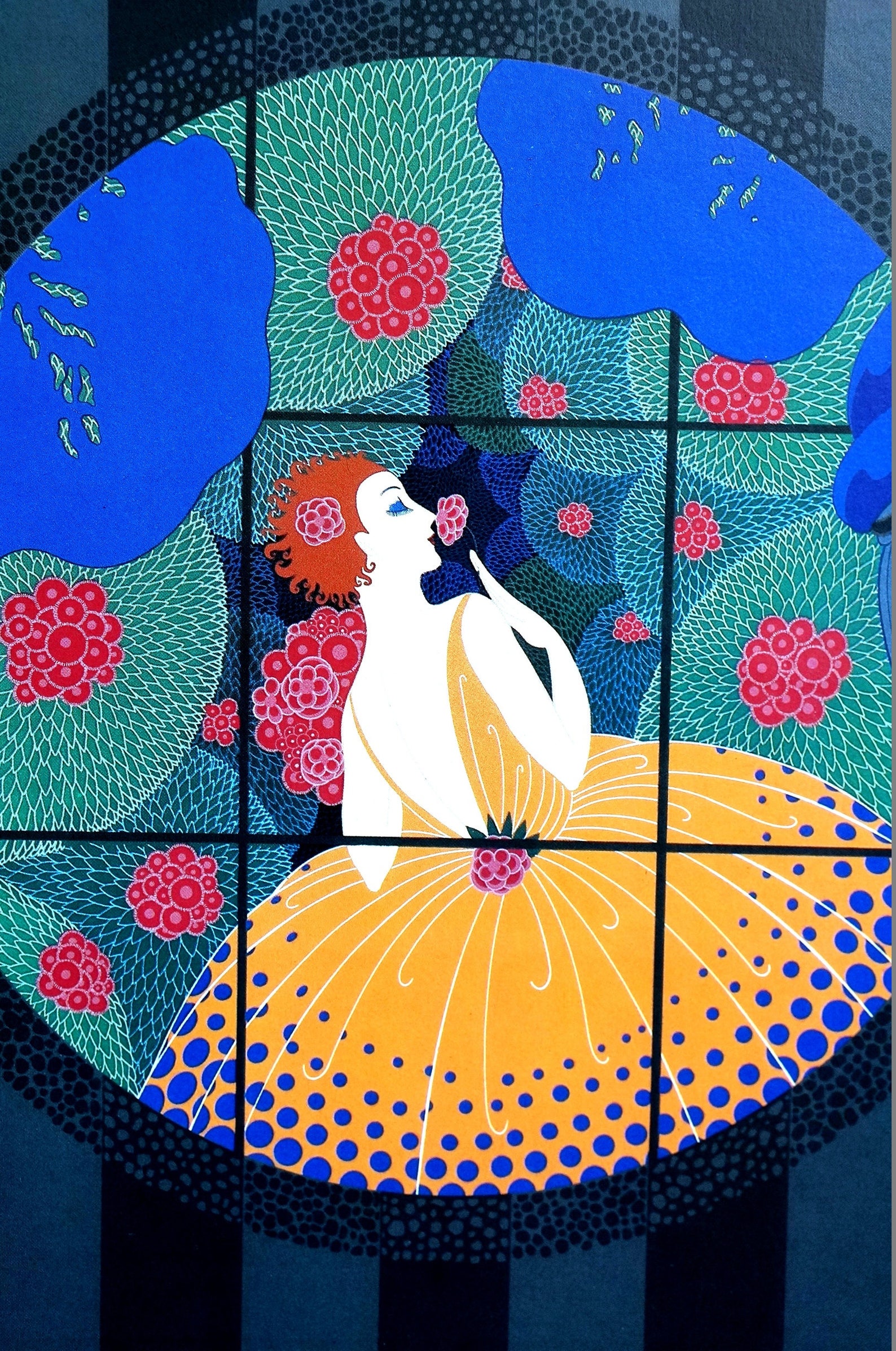 Erte Matted Print 1987 WINTER FLOWERS Pink Polka Dot Dress Bouquet ...