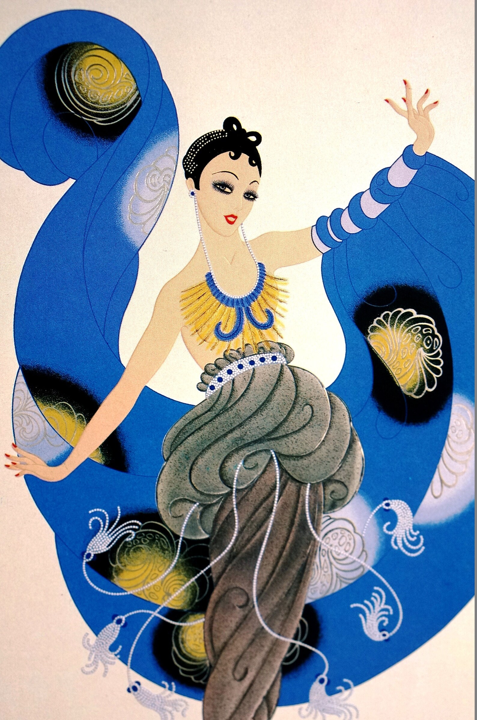 Erte Matted Print 1987 A DREAM Lady in BLUE Flowing Cape Necklace ...