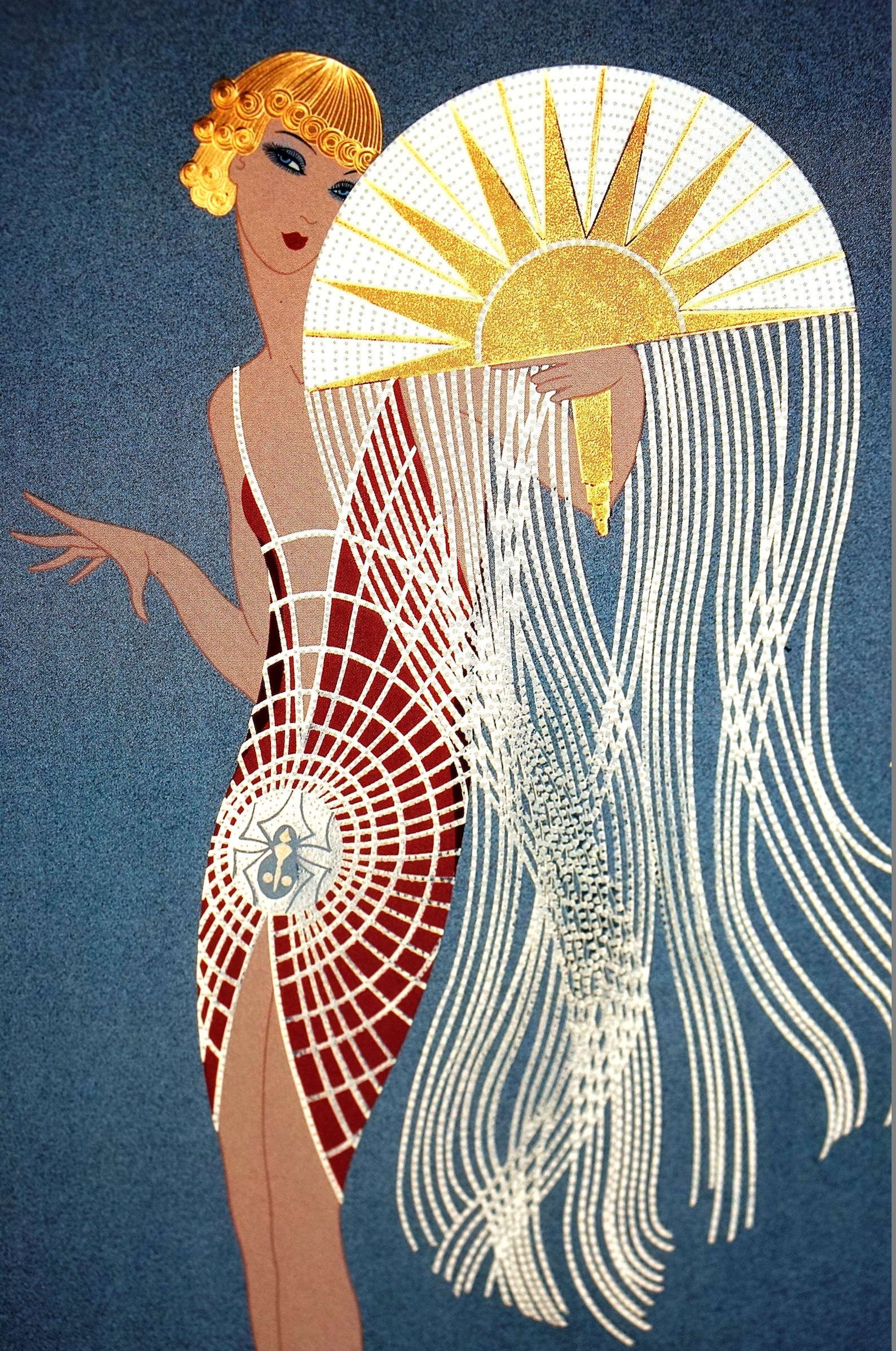 Erte Matted Print 1991 FLAPPER DANCER Red Spider Web Dress W FRINGE Sun ...